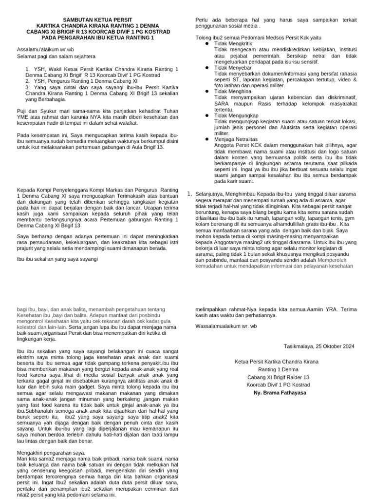 Sambutan Ketua Persit Ranting 1 | PDF | Kesehatan Holistik