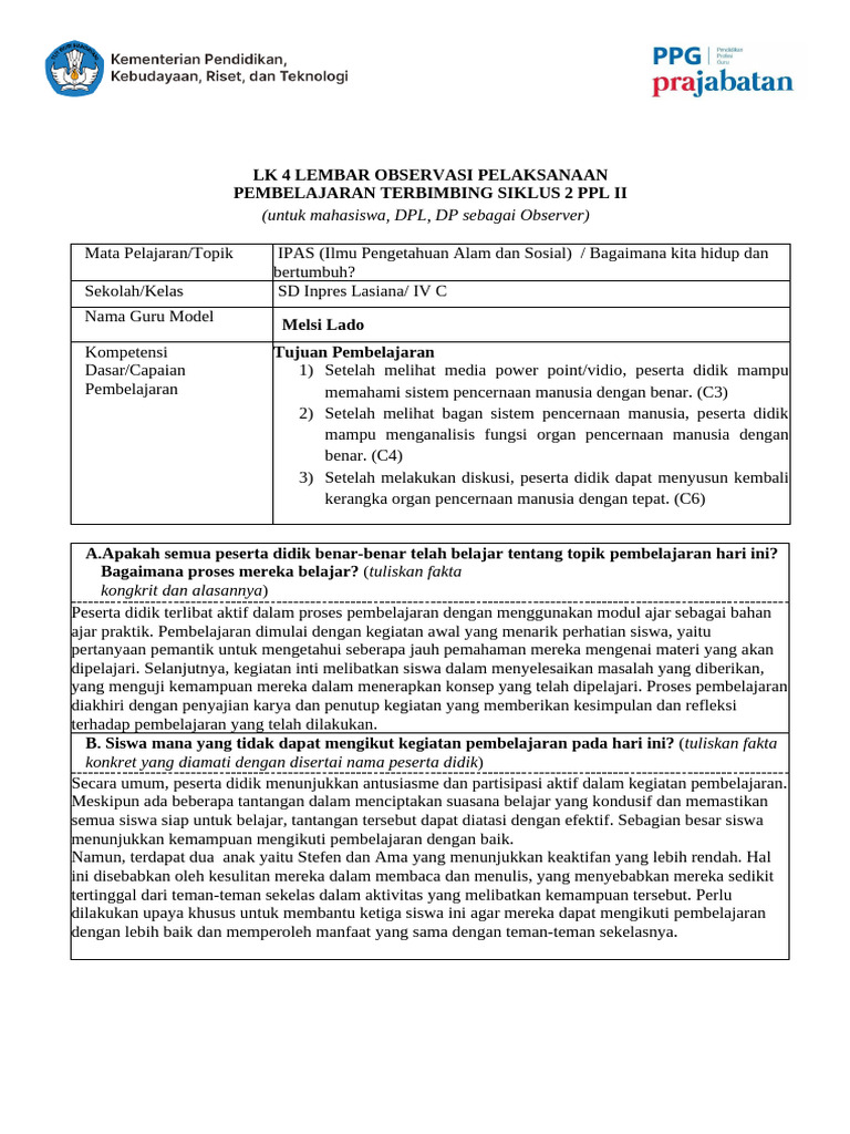 LK4 L. Observasi Pembelajaran Observer Mandiri Siklus 2 (PPL II) | PDF