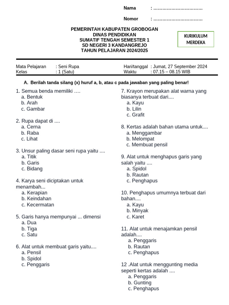 Soal Pts Sem 1 Seni Rupa Kelas 1 | PDF