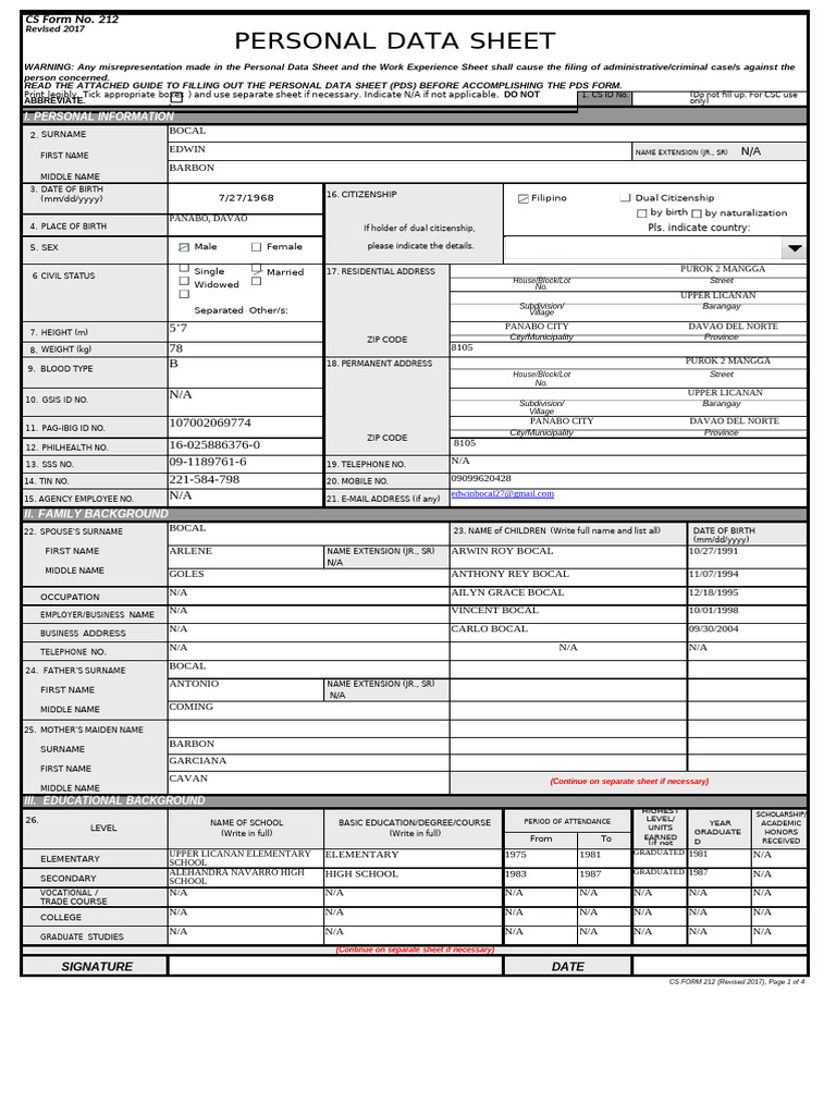 Cs Form 212 PDS | PDF | Government | Justice