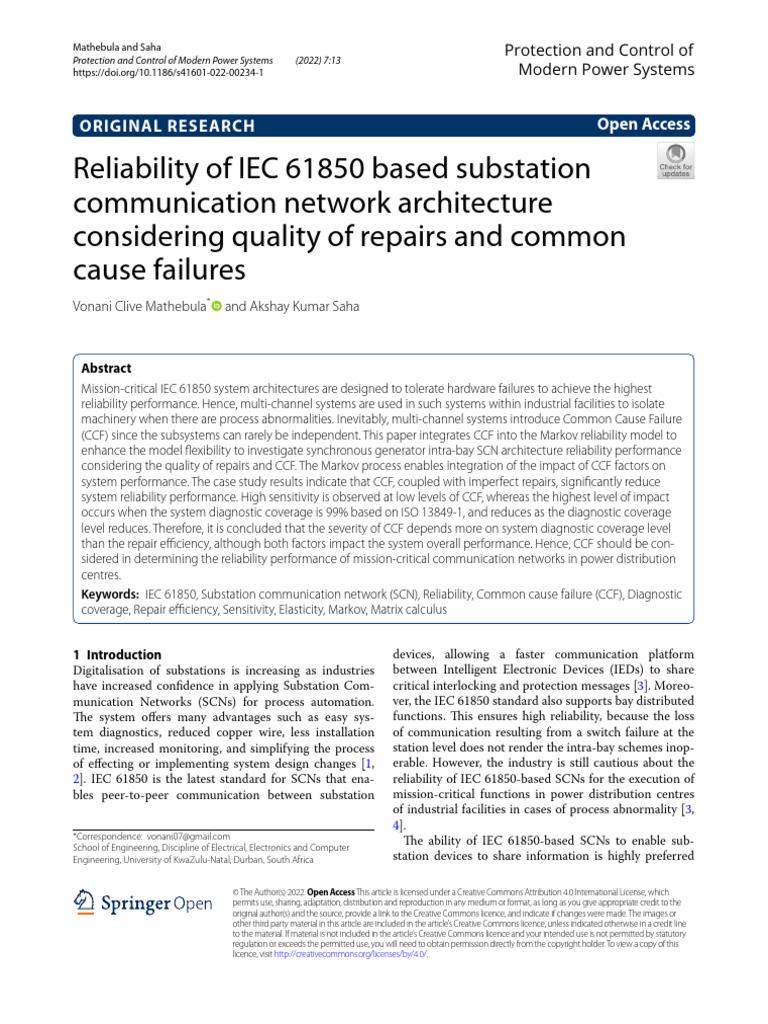 Reliability Of Iec 61850 Based Substation Communication Network Architecture Pdf Reliability