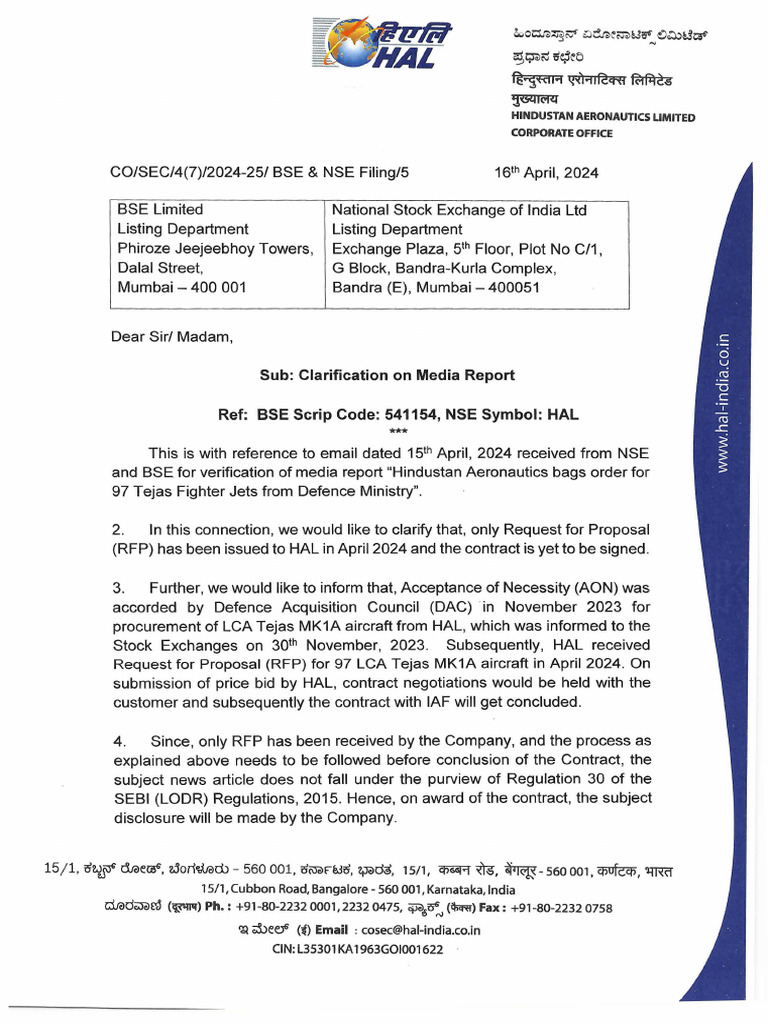Sub: Clarification On Media Report: Ref: BSE Scrip Code: 541154, NSE ...