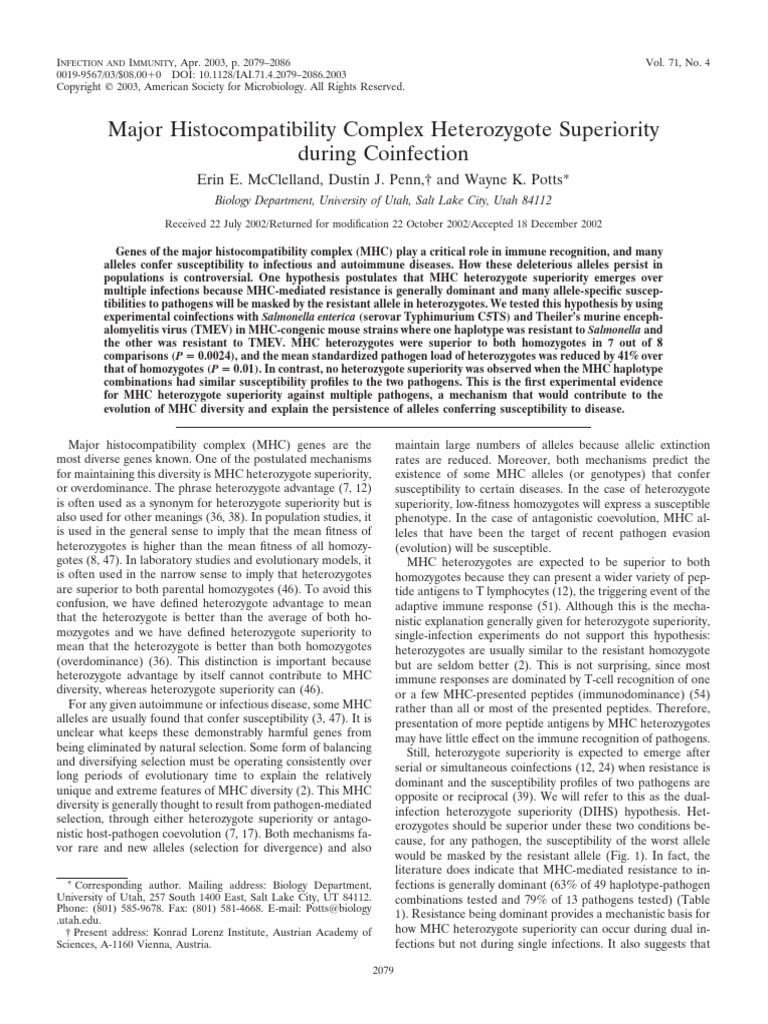 Mcclelland Et Al 2003 Major Histocompatibility Complex Heterozygote ...