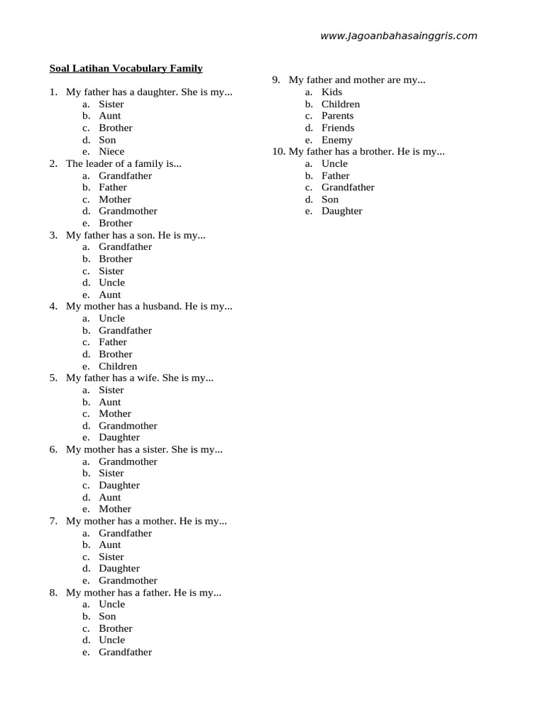 Family Vocabulary Practice Quiz | PDF | Social Institutions | Childhood