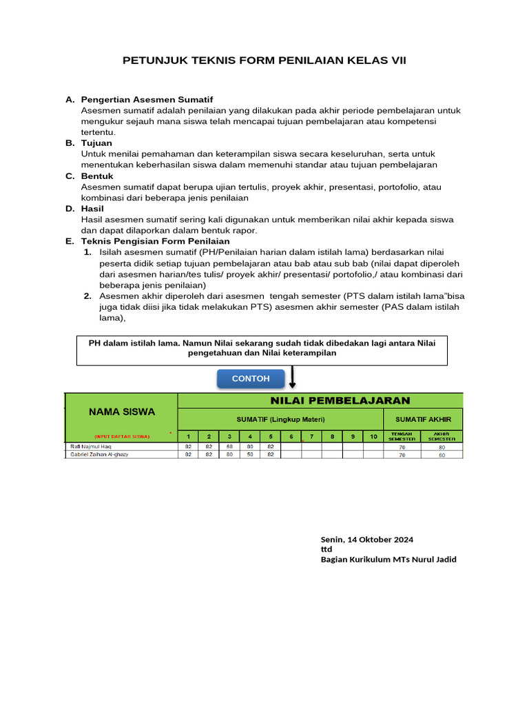 Petunjuk Teknis Form Penilaian Kelas Vii | PDF