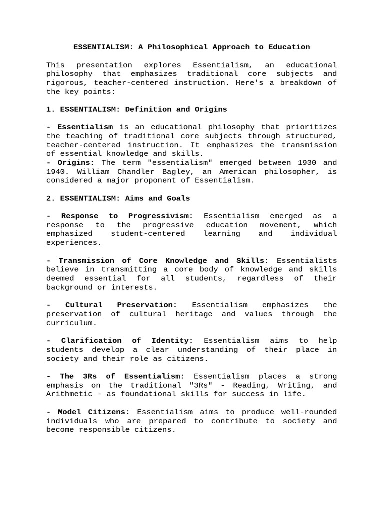 ESSENTIALISM - Key Points | PDF | Teaching Method | Teachers