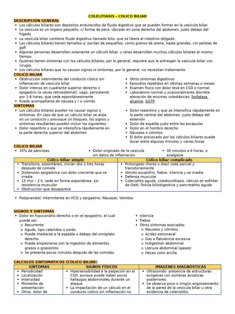 Cálculos Biliares y Cólico Biliar | PDF | Vesícula biliar | Bilis