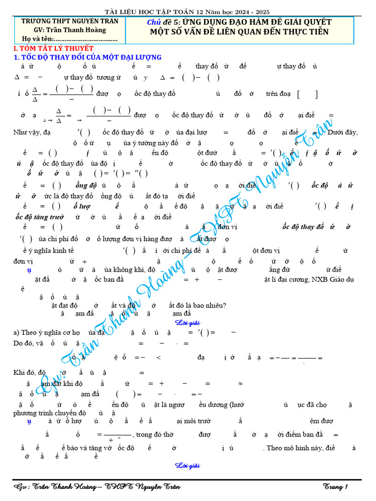 CD5. ỨNG DỤNG ĐẠO HÀM ĐỂ GIẢI QUYẾT | PDF