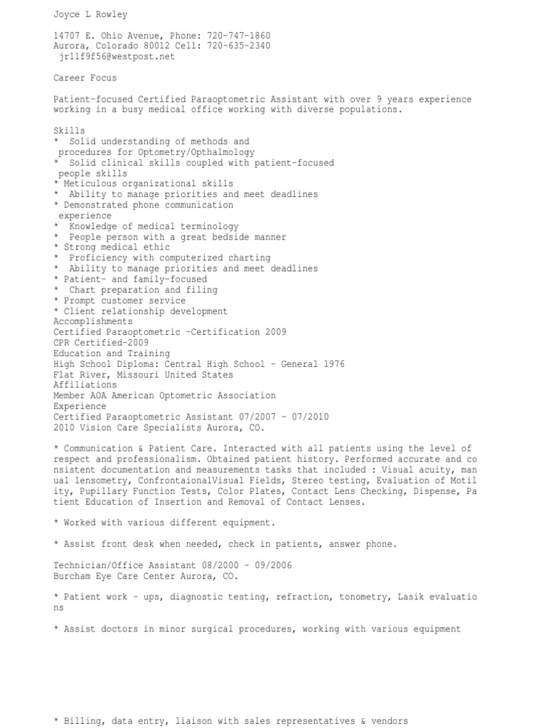 Certified Paraoptometric Assistant Resume | PDF | Optometry | Health Care