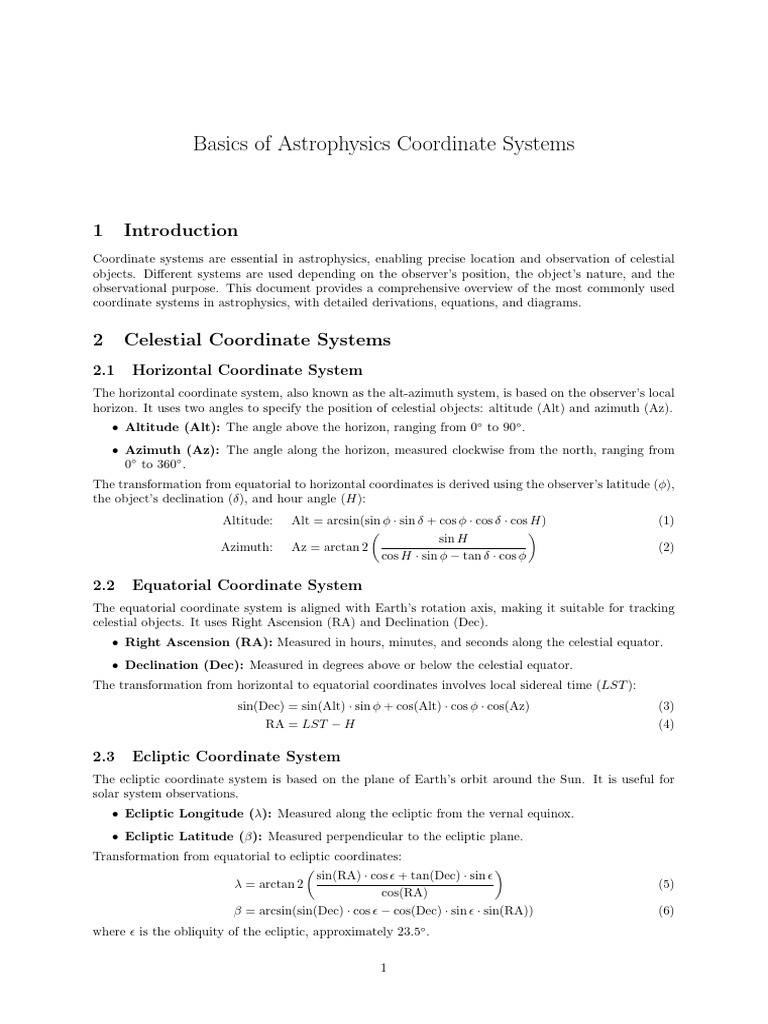 Basics of Astrophysics Coordinate Systems | PDF | Astronomy | Celestial ...