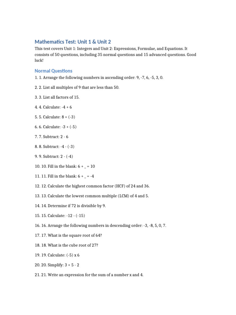 Mathematics Test Unit1 Unit2 | PDF | Teaching Methods & Materials