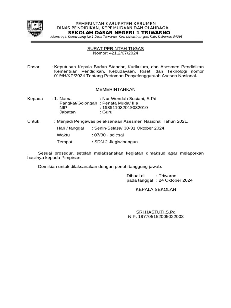 Surat Tugas Pengawas ANBK | PDF