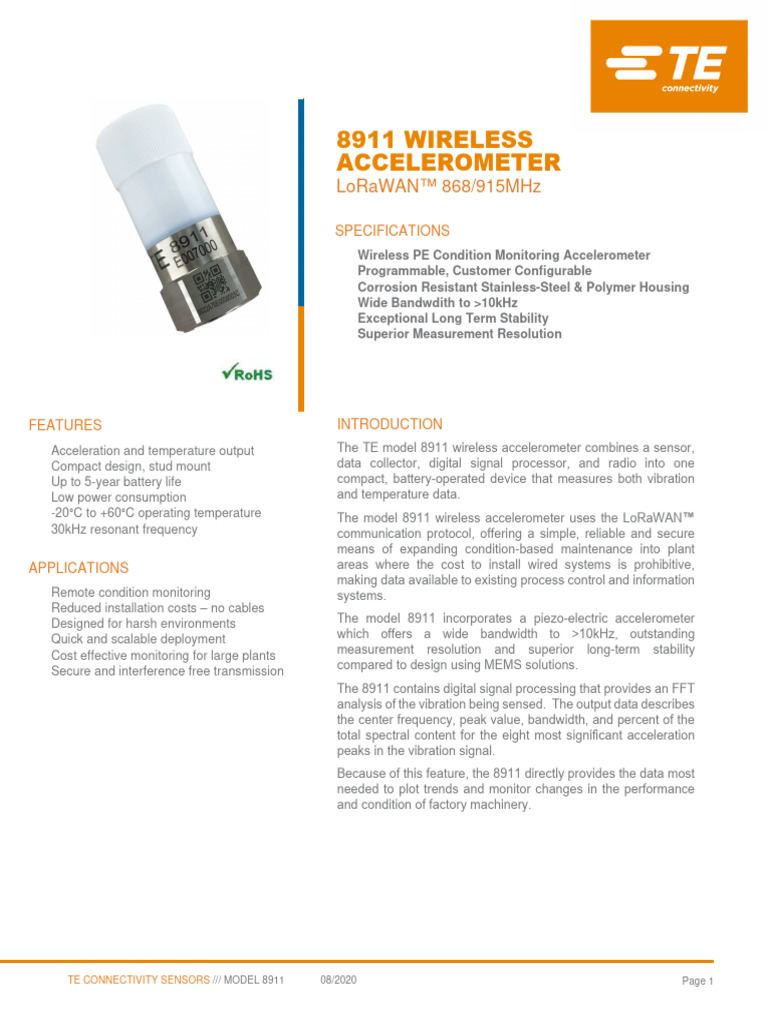 8911 Wireless Accelerometer Data Sheet | PDF | Accelerometer | Electronics