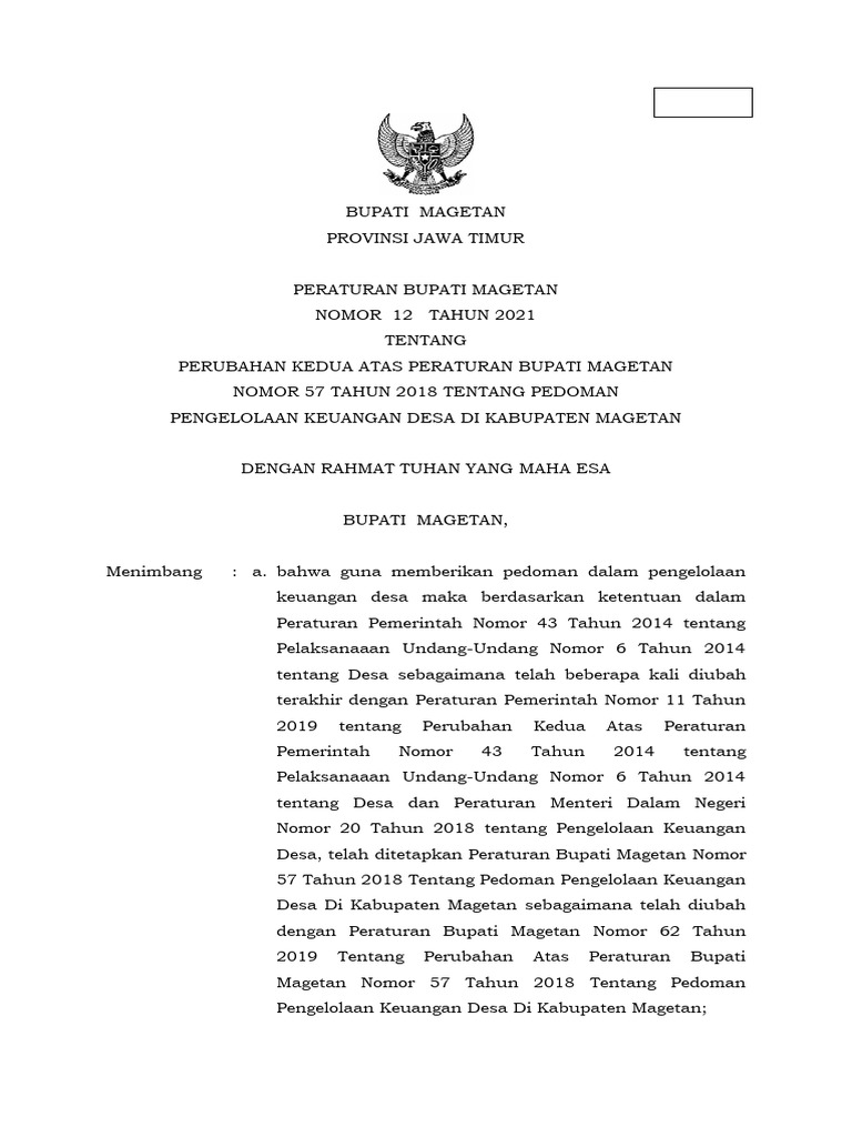 PERBUP NO.12 Tahun 2021 Tentang Perubahan Ke 2 Perbup 57 Tahun 2018 ...