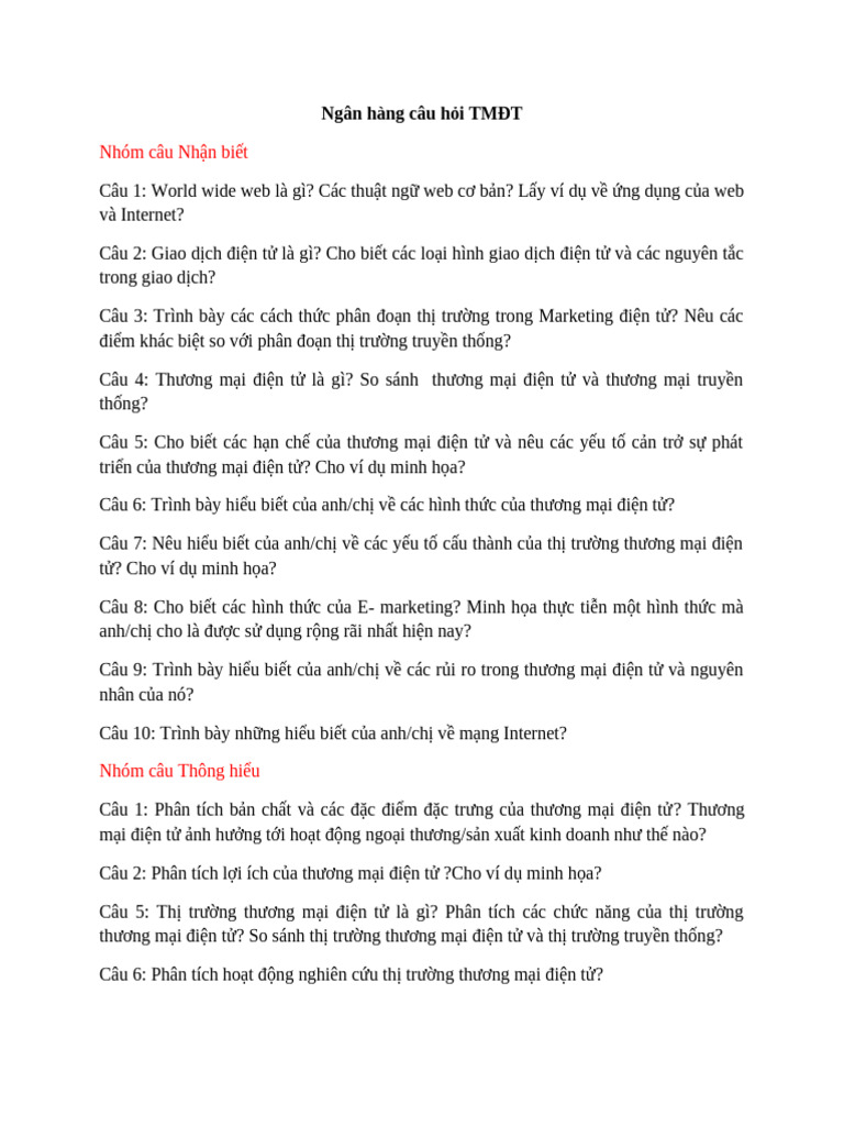 Ngân hàng câu hỏi TMDT | PDF