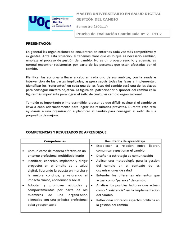 Pec2 20211 Esp | PDF | Planificación | Evaluación