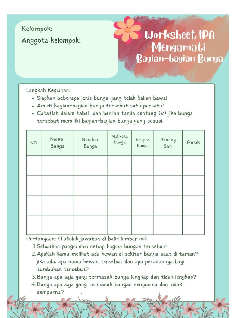Worksheet Kelompok Bagian Bunga | PDF