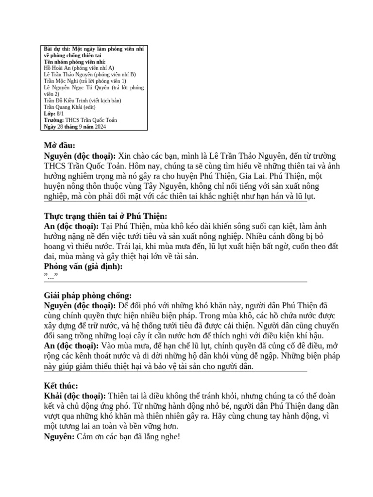 Mở đầu: Nguyên (độc thoại) :: Bài dự thi: Một ngày làm phóng viên nhí về phòng chống thiên tai ...