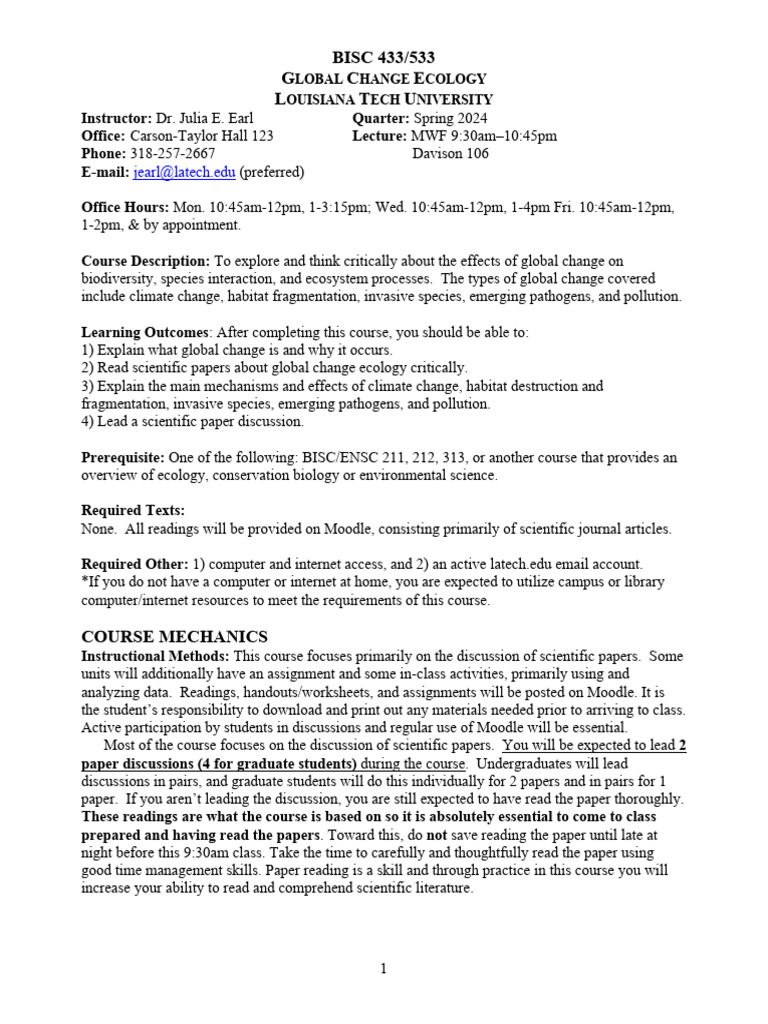 BISC 433 Syllabus Spring2024 | PDF | Title Ix | Plagiarism