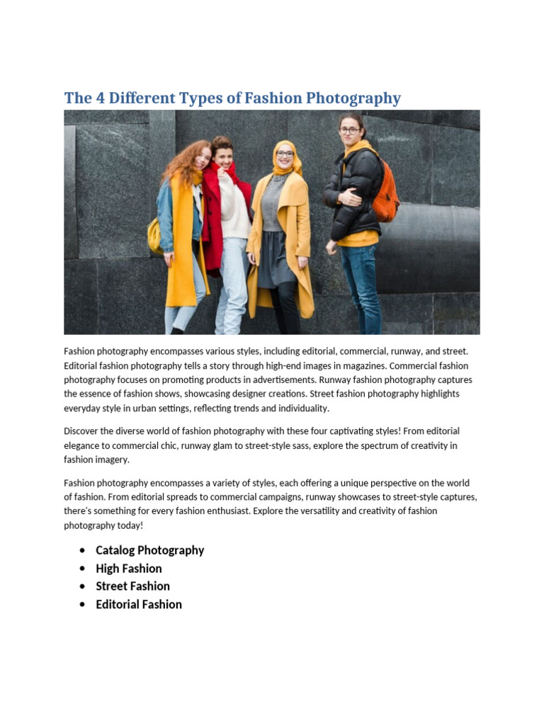 The 4 Different Types of Fashion Photography | PDF | Fashion | Cultural ...