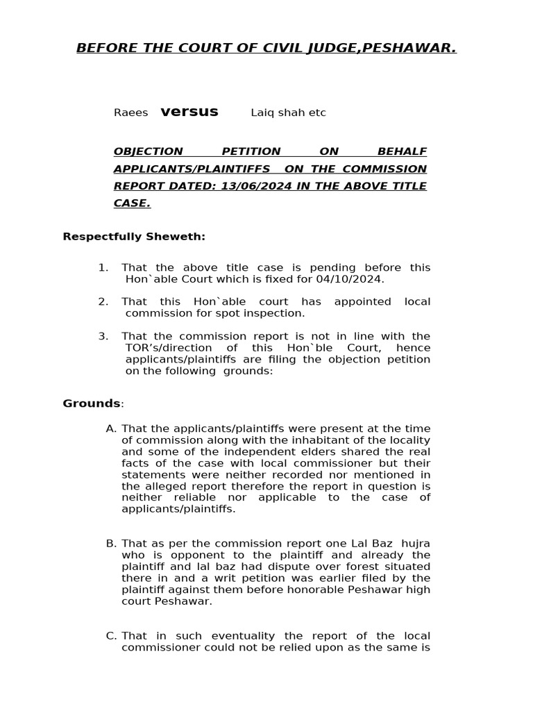 Objection Petition On Comissiin Raees | PDF | Affidavit | Public Law