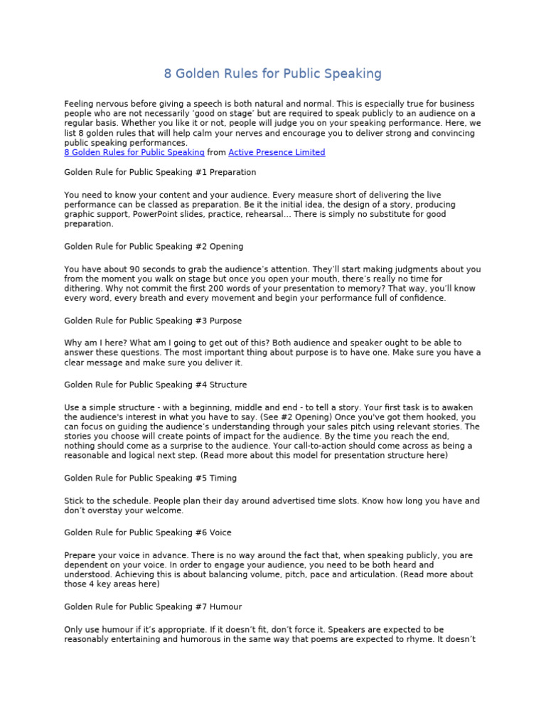 8 Golden Rules For Public Speaking | PDF | Public Speaking | Human ...