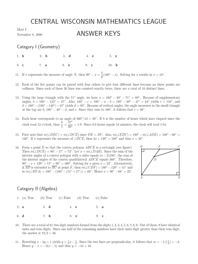 2000-2001 Meet 1 Answer Keys | PDF | Triangle | Mathematics