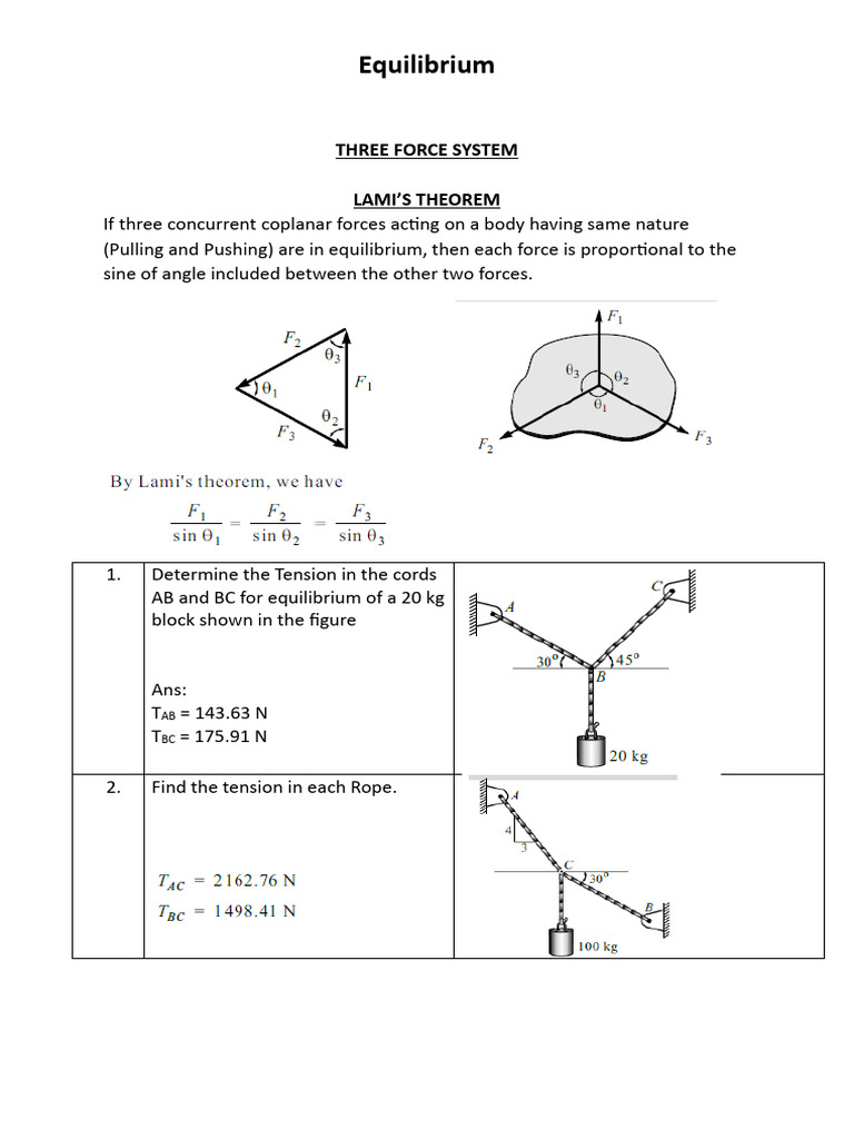 Equilibrium Lamis Theorem and Cylinders | PDF | Tension (Physics) | Force
