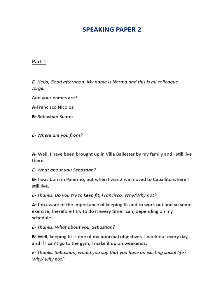 SPEAKING PAPER 2 - PART 1&2 | PDF
