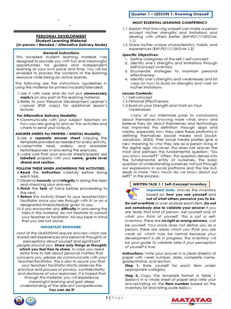 Perdev Learning Material Quarter1 All Modality Sy 2023 2024 | PDF | Thought | Feeling