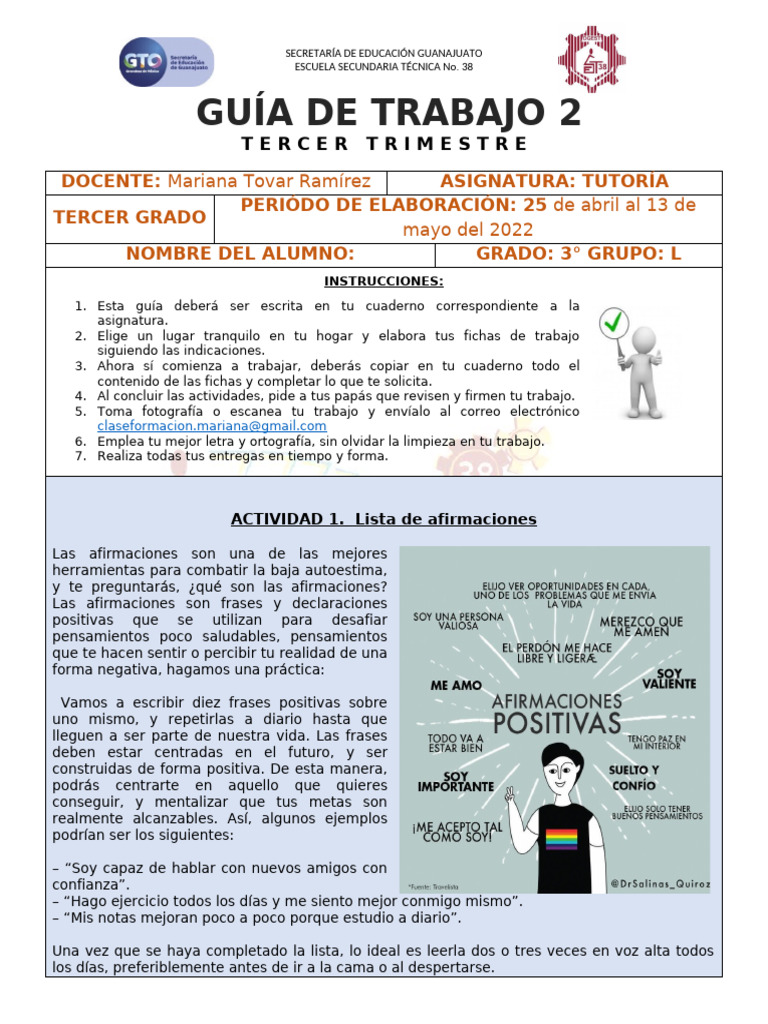 Guia2 TUTORIA3° | PDF | Autoestima