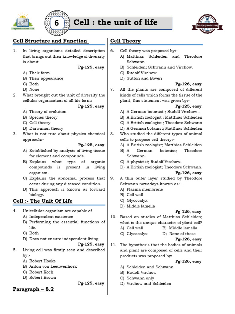 Cell-_-The-unit-of-life mcq | PDF | Cell (Biology) | Endoplasmic Reticulum