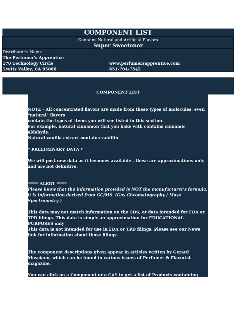 Component List_tfa Super Sweetener | PDF