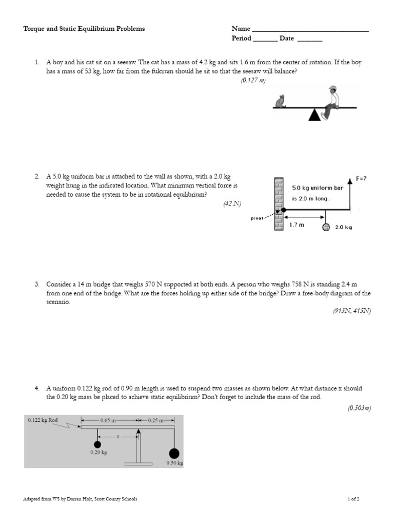 Torque and Static Equilibrium Problems | PDF | Force | Torque