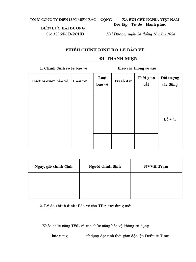 Phieu Chinh Dinh Ro-Le Bao Ve TBA KEKI - DL Thanh Mien PDF | PDF