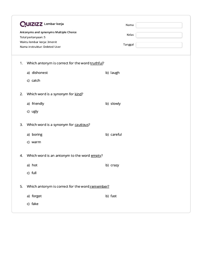 Antonyms and Synonyms Multiple Choice - Quizizz | PDF