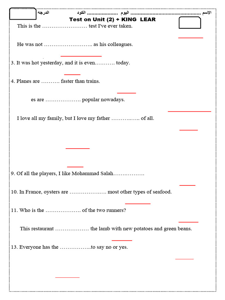 Test On Unit (2) + KING LEAR | PDF | Language Arts & Discipline | Home ...
