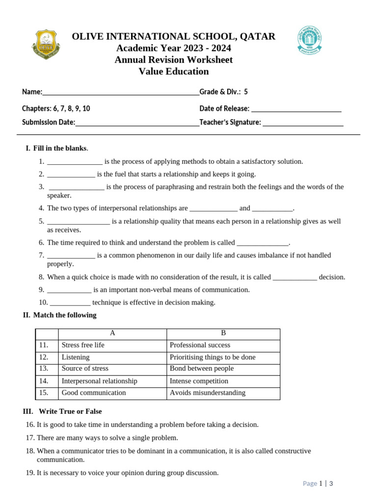 Grade 5 - V.E Worksheet | PDF | Communication | Human Communication