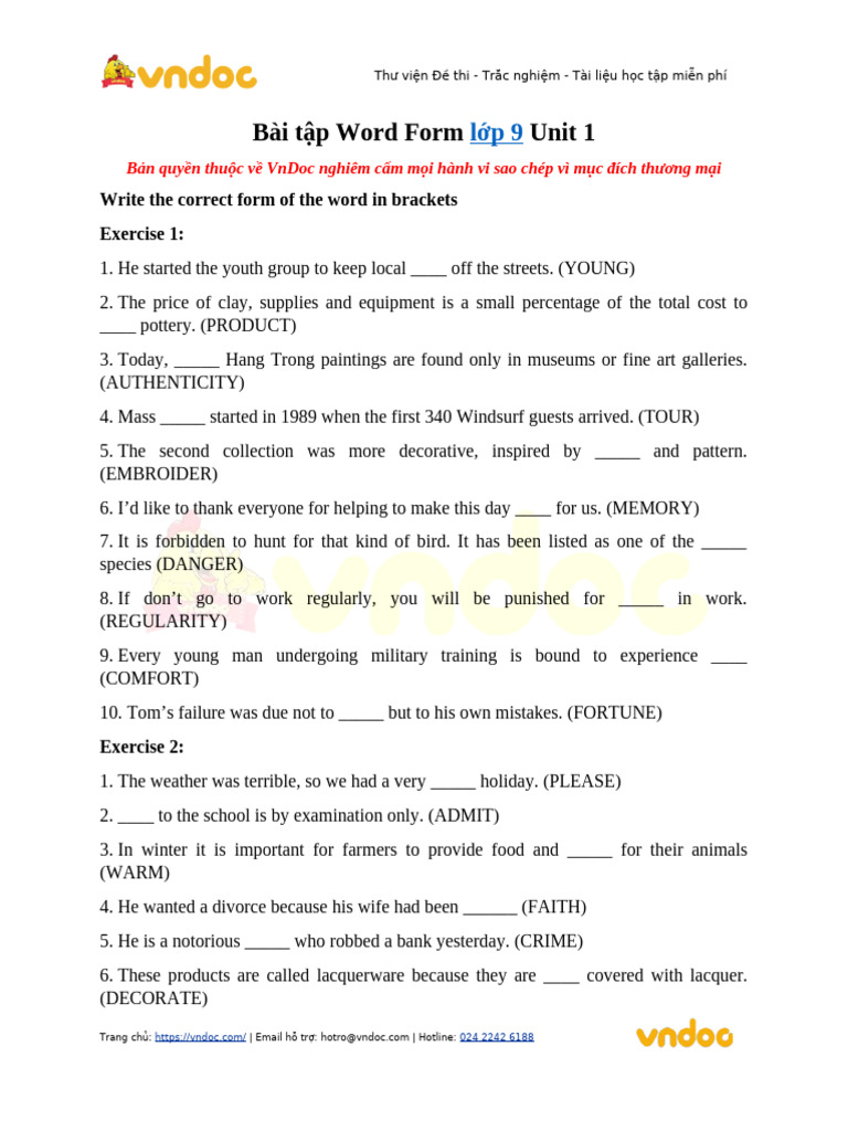 Bai Tap Word Form Lop 9 Unit 1 | PDF