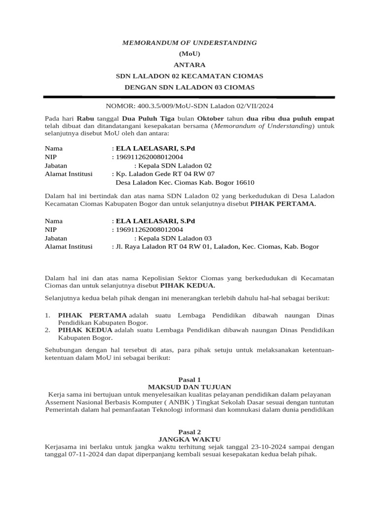 Contoh Mou Sekolah Dengan Kepolisian | PDF