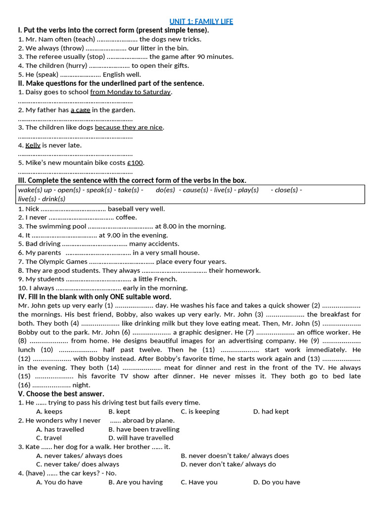 Unit 1- Family Life- Exercise | PDF