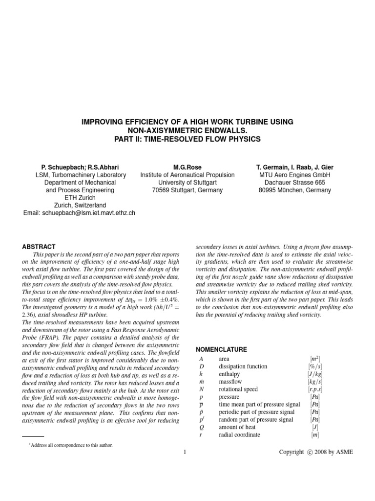 Improving Efficiency of A High Work Turbine Using Non-Axisymmetric Endwalls. Part Ii: Time ...