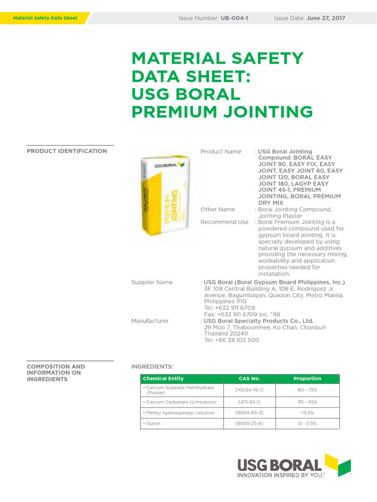 USG Boral Premium Jointing - Material Safety Data Sheet - PH | PDF | Plaster | Drywall