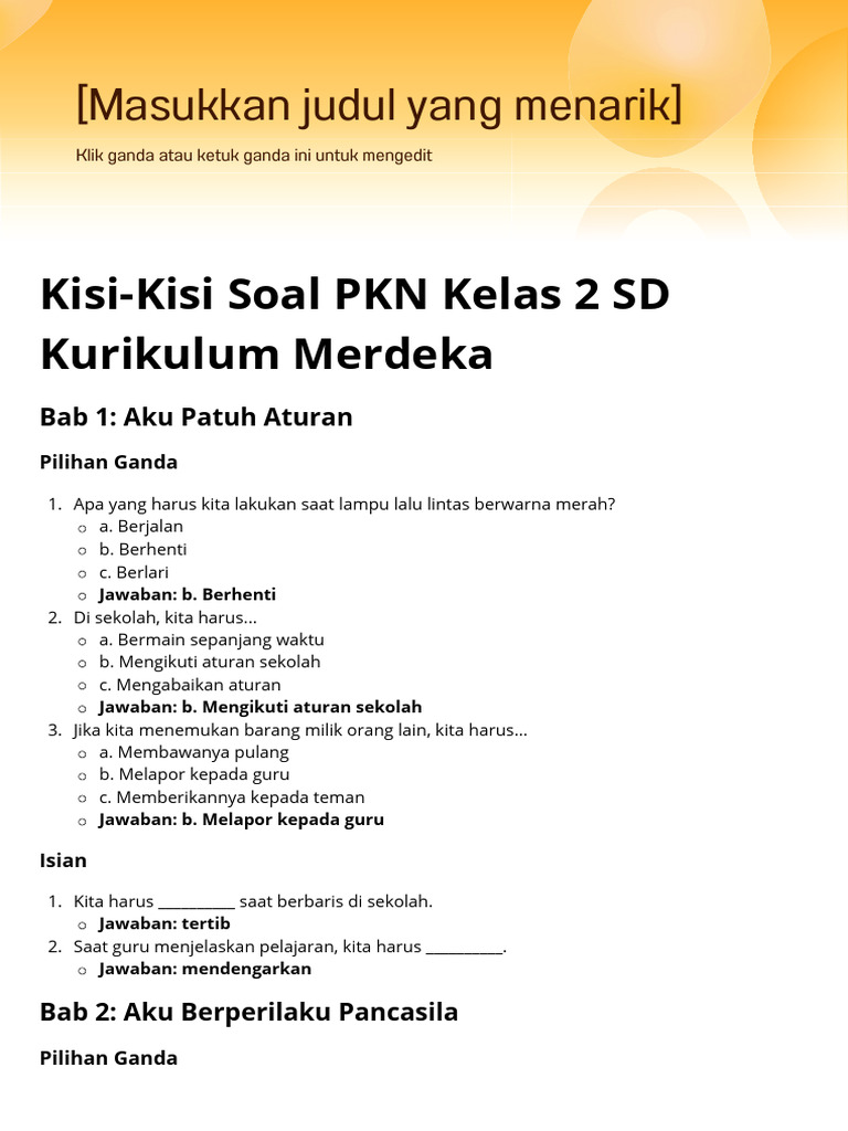 Kisi-Kisi Soal PKN Kelas 2 SD Semester 2 | PDF | Seni & Disiplin Bahasa