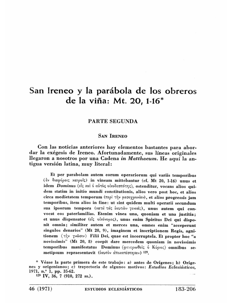 AO. San Ireneo y La Parábola de Los Obreros de La Viña II | PDF ...