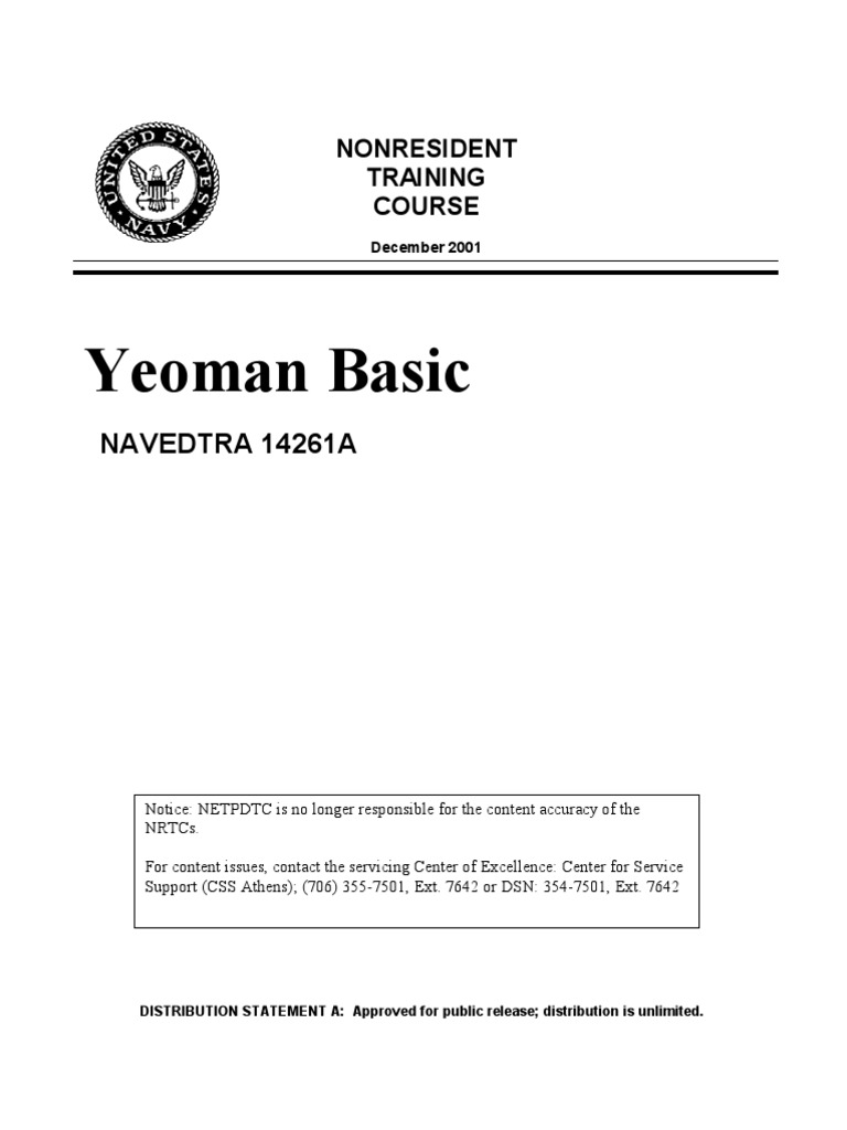 US Navy Course NAVEDTRA 14261A - Yeoman Basic | PDF | Desk | Ships