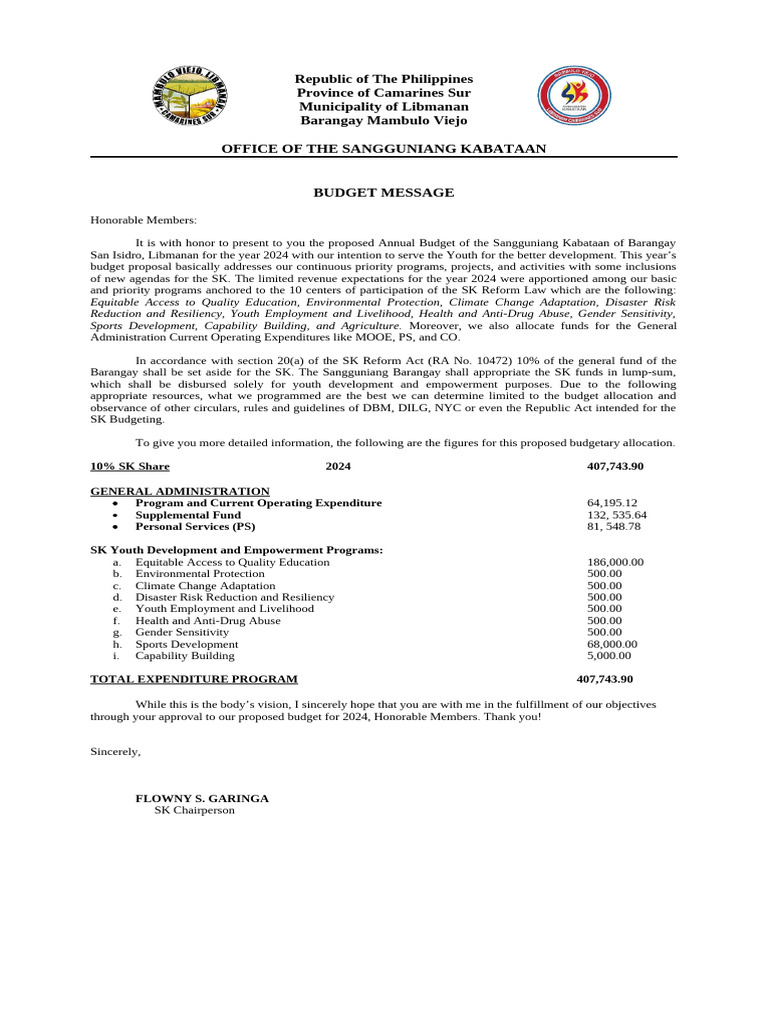 2024 SK Budget Proposal for Youth Development | PDF | Budget