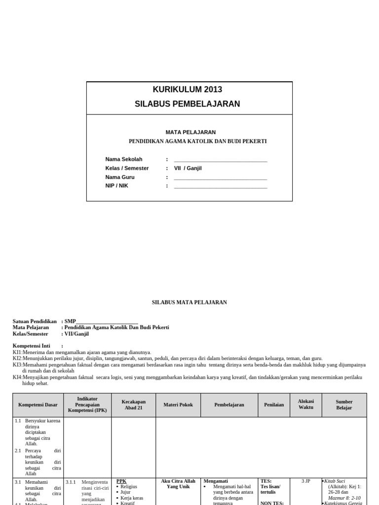 SILABUS KATOLIK SMP KELAS 7 SEMT 1 2doc | PDF