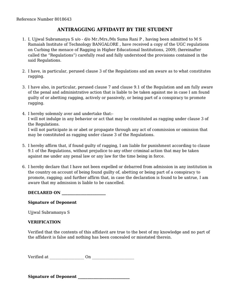 Anti Ragging Affidavit Form | PDF | Affidavit | Justice