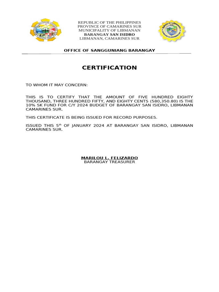 SK San Isidro - Certification From The Treasurer | PDF